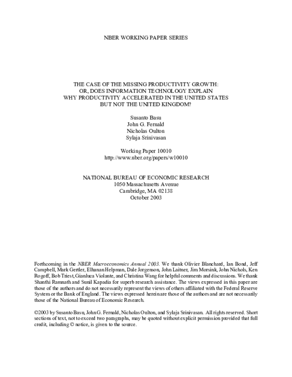(PDF) Nber Working Paper Series the Case of the Missing Productivity ...