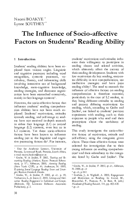(PDF) The Influence of Socio-affective Factors on Students ’ Reading ...