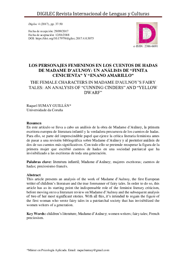 (PDF) Los personajes femeninos en los cuentos de hadas de Madame d ...
