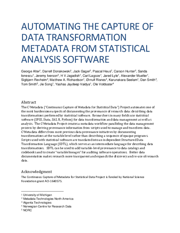 (PDF) Automating the Capture of Data Transformation Metadata from Statistical Analysis Software
