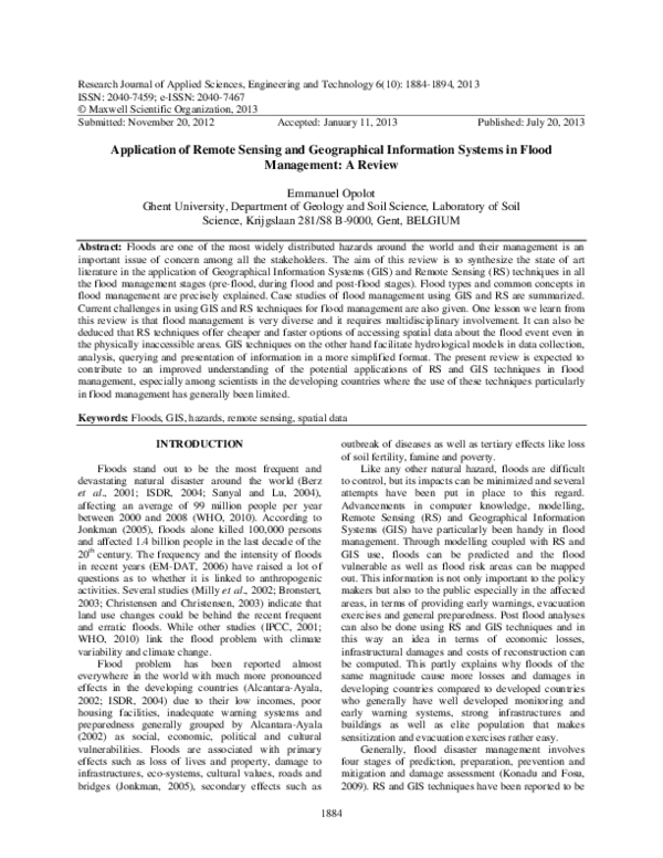 Pdf Application Of Remote Sensing And Geographical Information Systems In Flood Management A