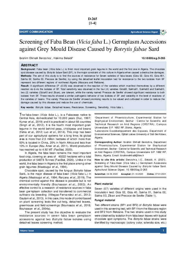 (PDF) Screening of Faba Bean (Vicia faba L.) Germplasm Accessions ...