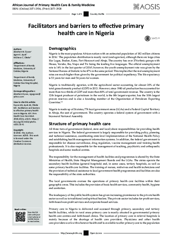 (PDF) Facilitators and barriers to effective primary health care in Nigeria