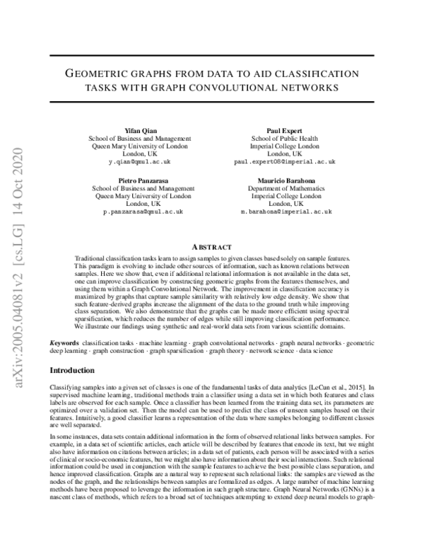(PDF) Geometric graphs from data to aid classification tasks with graph ...