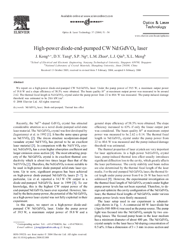 (PDF) High-power diode-end-pumped CW Nd:GdVO4 laser