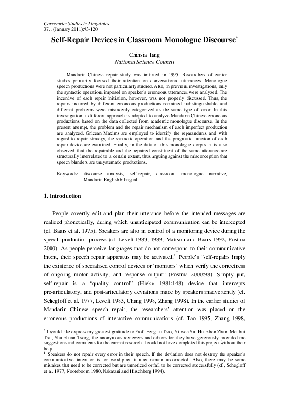 (PDF) Self-Repair Devices in Classroom Monologue Discourse