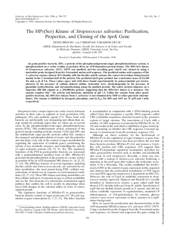 (PDF) Purification and Cloning of HPr(Ser) Kinase in S. salivarius