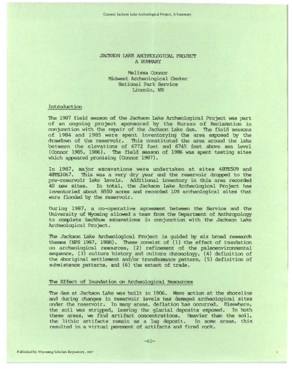 (PDF) Jackson Lake Archeological Project, A Summary