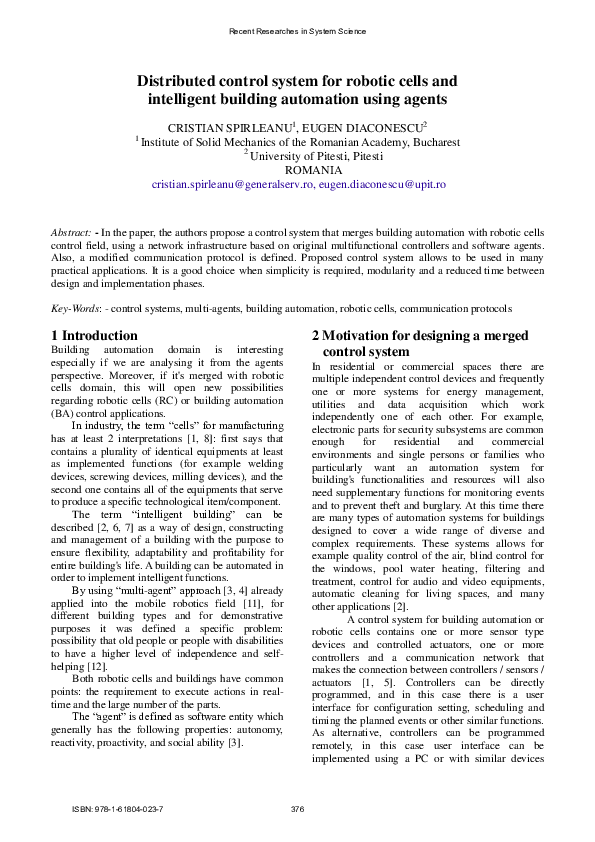 Pdf Distributed Control System For Robotic Cells And Intelligent Building Automation Using Agents