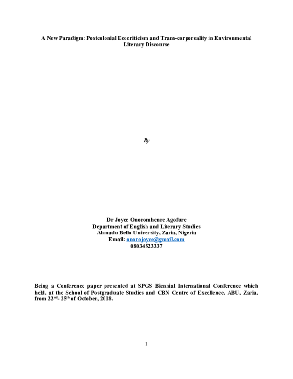 (DOC) A New Paradigm: Postcolonial Ecocriticism and Trans-corporeality ...
