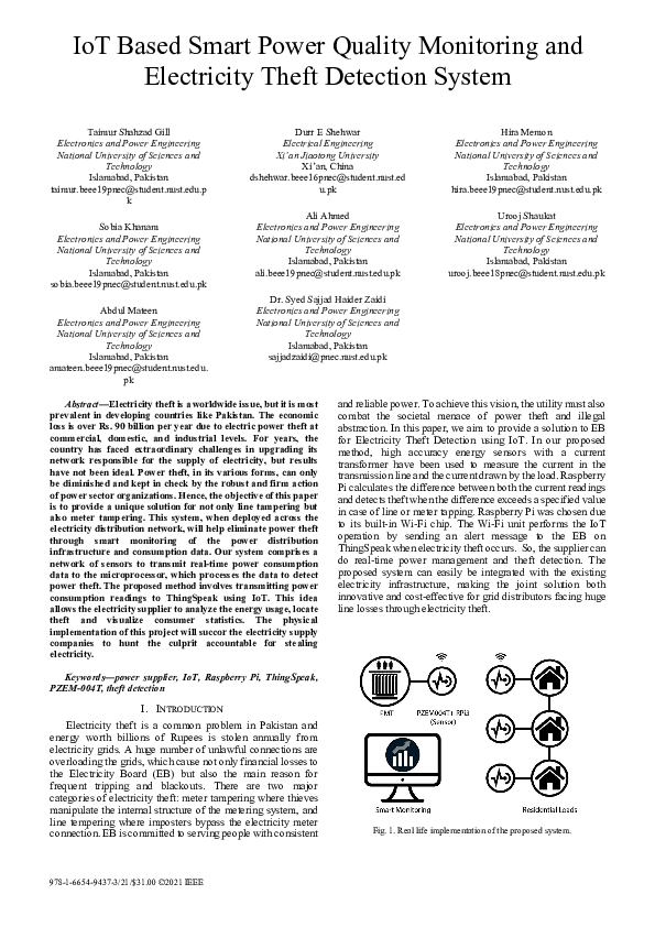 Pdf Iot Based Smart Power Quality Monitoring And Electricity Theft Detection System