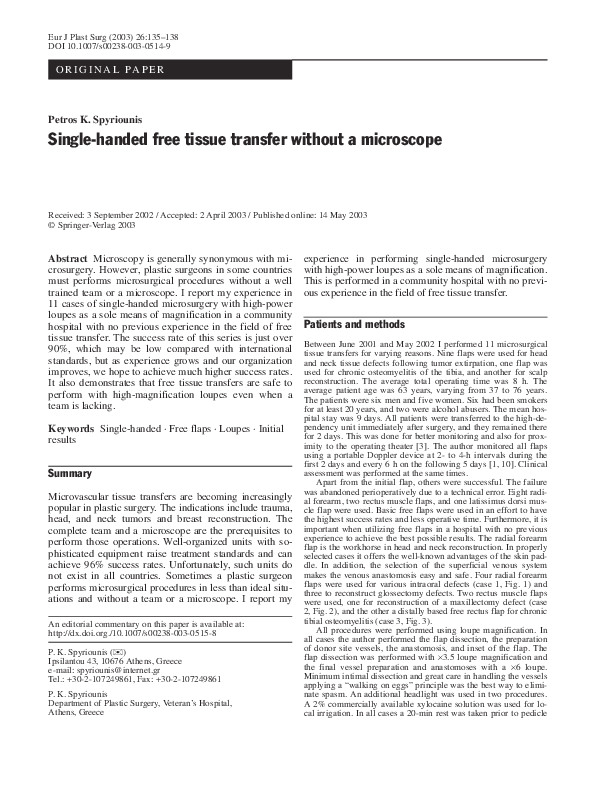 (PDF) Single-handed free tissue transfer without a microscope