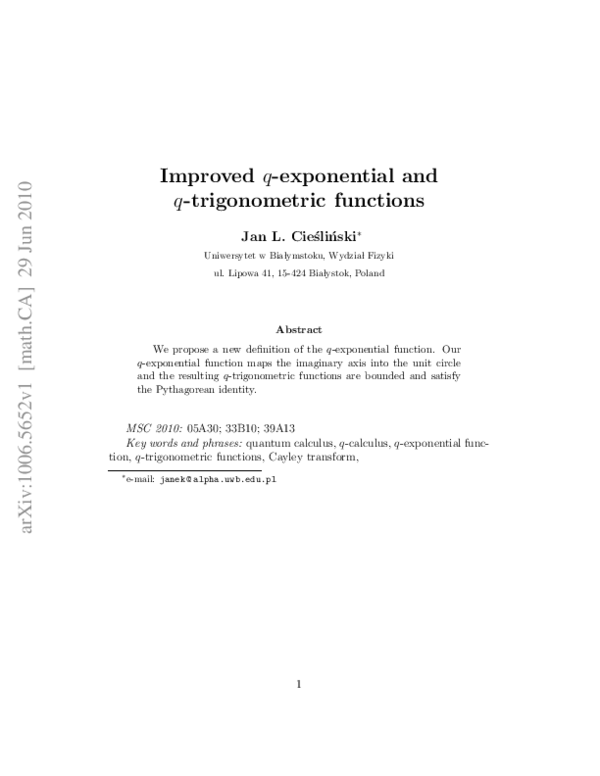 (PDF) 0 Improved q-exponential and q-trigonometric functions