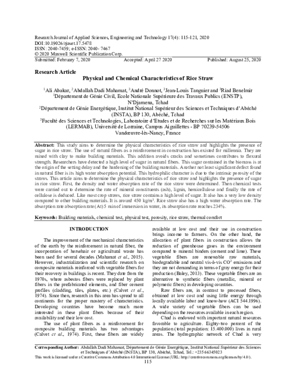 (PDF) Physical and Chemical Characteristics of Rice Straw
