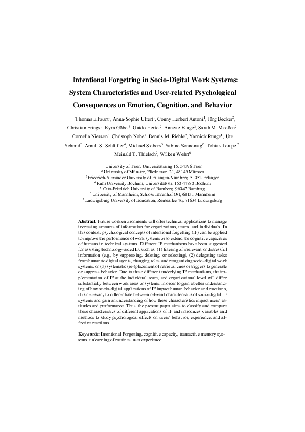 (PDF) Intentional Forgetting in Socio-Digital Work Systems