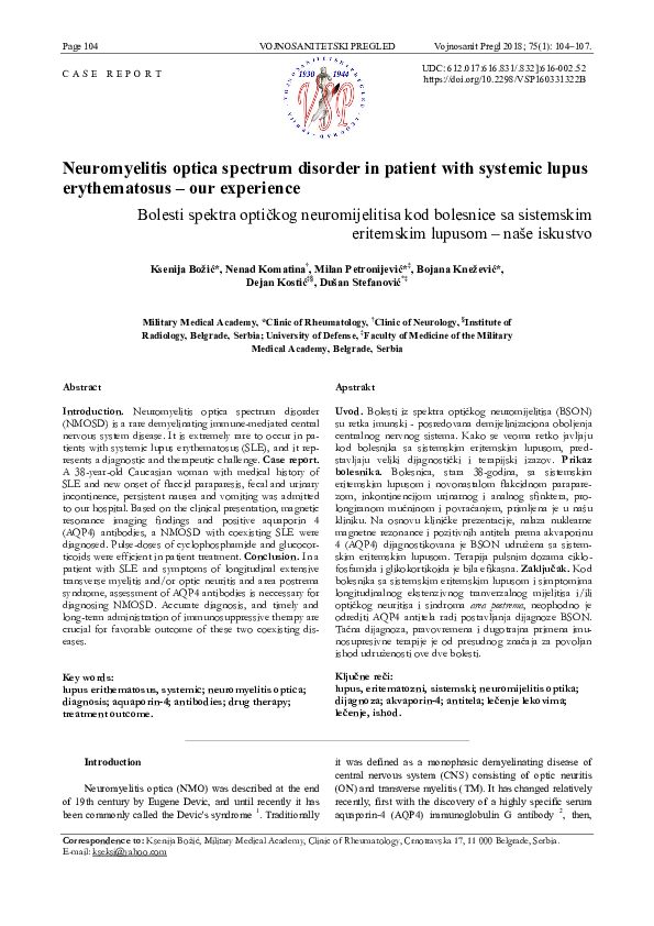 (PDF) Neuromyelitis optica spectrum disorder in patient with systemic lupus erythematosus - our ...