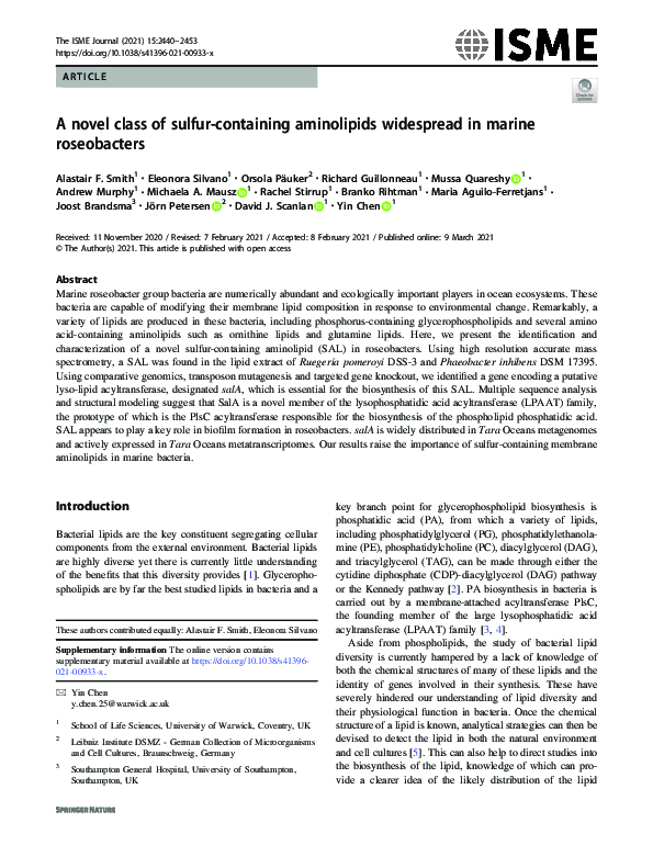 (PDF) A novel class of sulfur-containing aminolipids widespread in ...