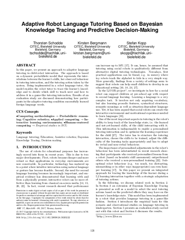 (PDF) Adaptive Robot Language Tutoring Based on Bayesian Knowledge Tracing and Predictive ...