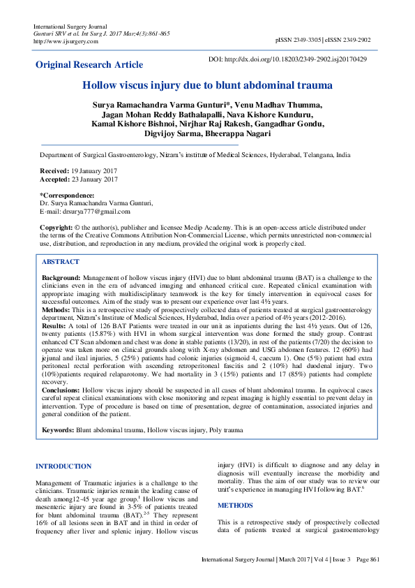 (PDF) Hollow viscus injury due to blunt abdominal trauma