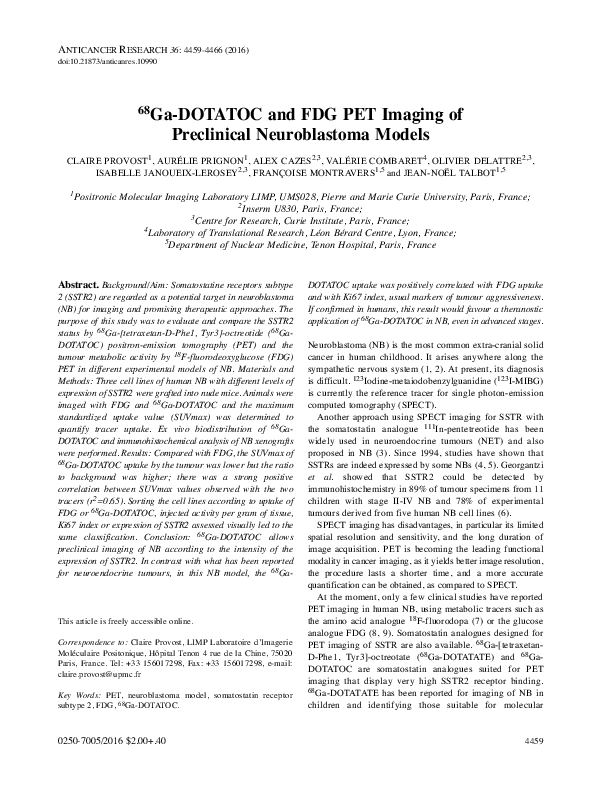(PDF) 68Ga-DOTATOC and FDG PET Imaging of Preclinical Neuroblastoma Models