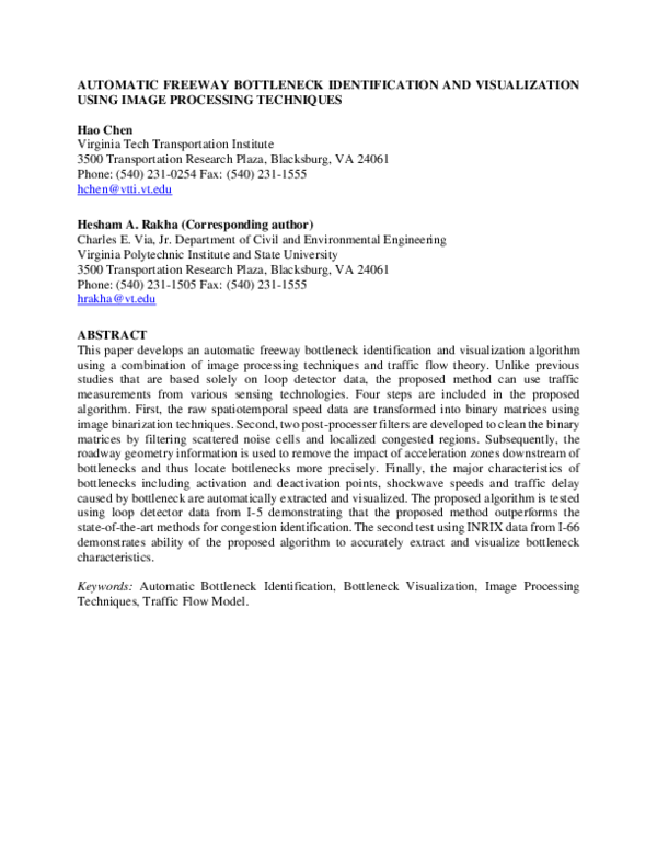 Pdf Automatic Freeway Bottleneck Identification And Visualization Using Image Processing
