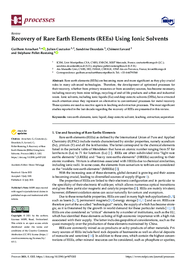 (PDF) Recovery of Rare Earth Elements (REEs) Using Ionic Solvents