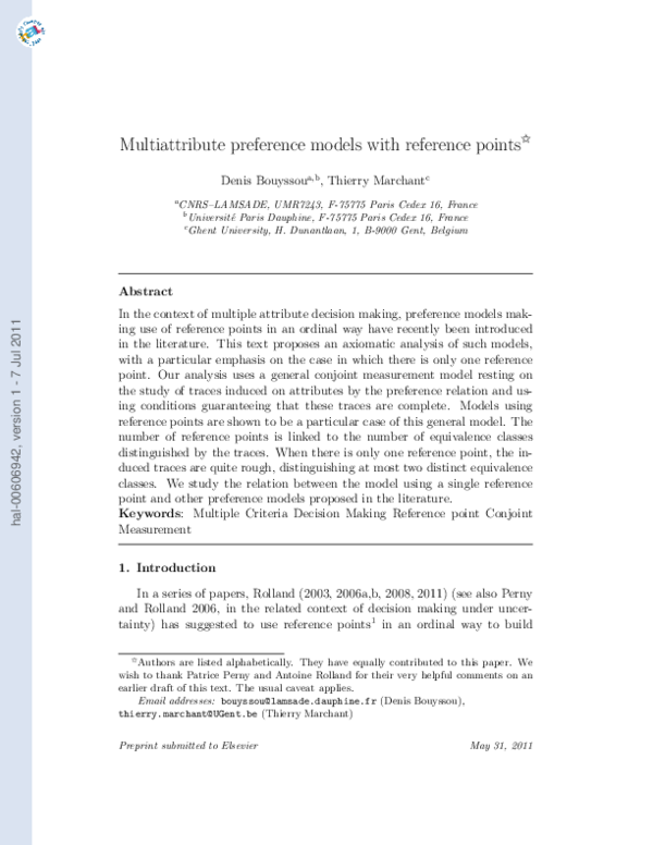 (PDF) Multiattribute preference models with reference points
