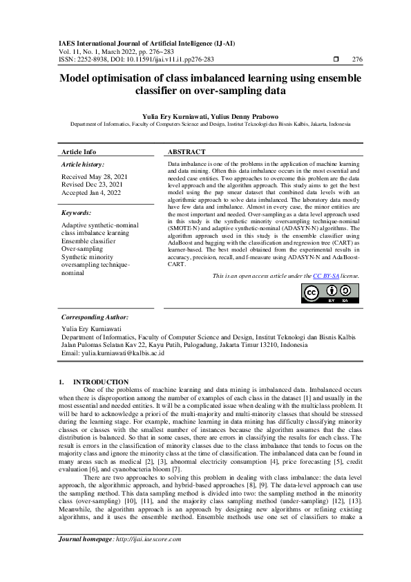 Pdf Model Optimisation Of Class Imbalanced Learning Using Ensemble Classifier On Over Sampling