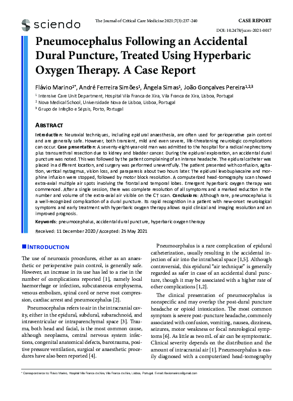 (PDF) Pneumocephalus Following an Accidental Dural Puncture, Treated ...