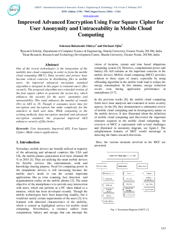 (PDF) Improved Advanced Encryption Using Four Square Cipher for User Anonymity and ...