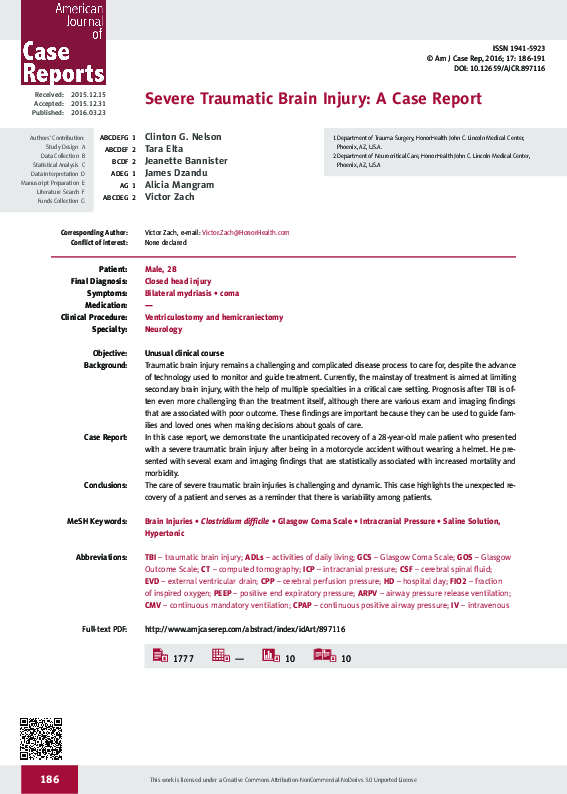 (PDF) Severe Traumatic Brain Injury: A Case Report