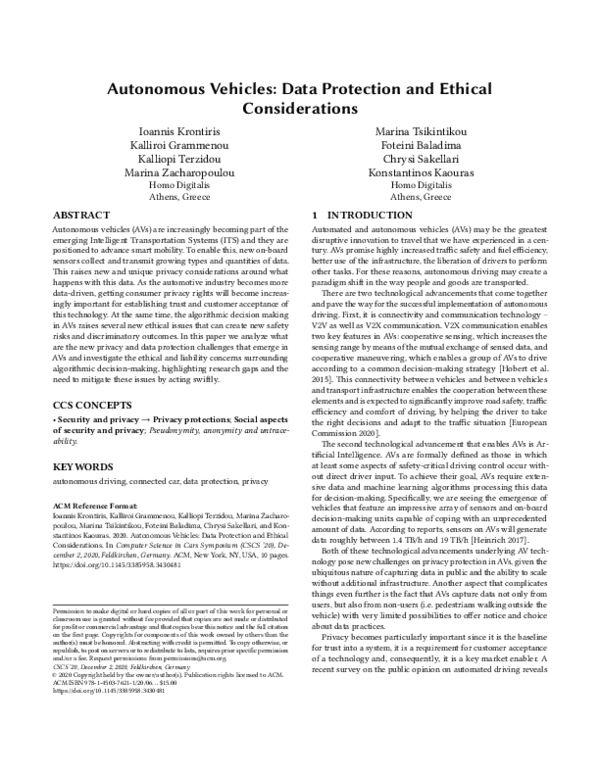 (PDF) Autonomous Vehicles: Data Protection and Ethical Considerations
