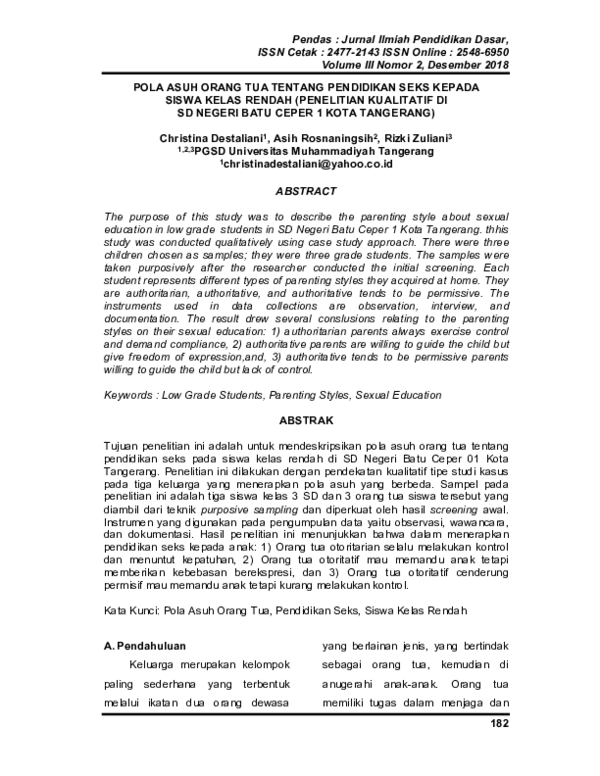 (PDF) Pola Asuh Orang Tua Tentang Pendidikan Seks Kepada Siswa Kelas Rendah (Penelitian ...