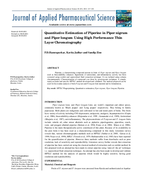 (PDF) Quantitative Estimation of Piperine in Piper nigrum and Piper longum Using High ...