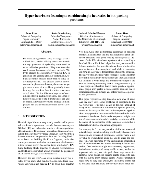 (PDF) Hyper-heuristics: Learning To Combine Simple Heuristics In Bin ...