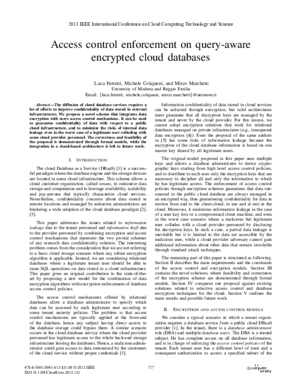 Pdf Access Control Enforcement On Query Aware Encrypted Cloud Databases Mirco Marchetti 