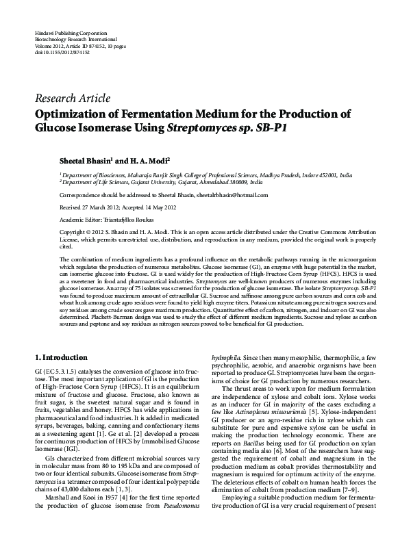 (PDF) Optimization of Fermentation Medium for the Production of Glucose Isomerase Using ...