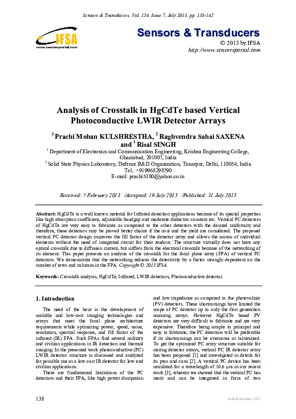 Pdf Analysis Of Crosstalk In Hgcdte Based Vertical Photoconductive Lwir Detector Arrays