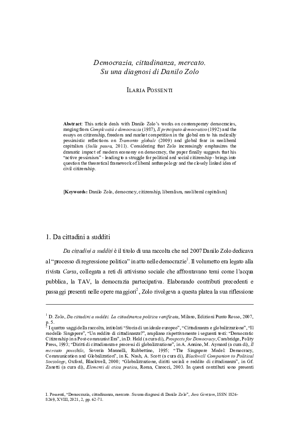 (PDF) (2021) Democrazia, cittadinanza, mercato. Su una diagnosi di Danilo Zolo