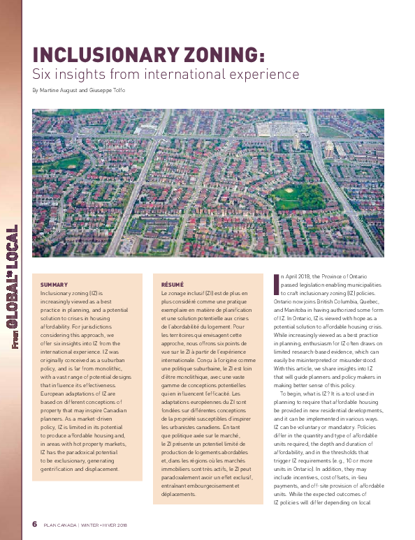 (PDF) Inclusionary zoning: Six insights from international experience