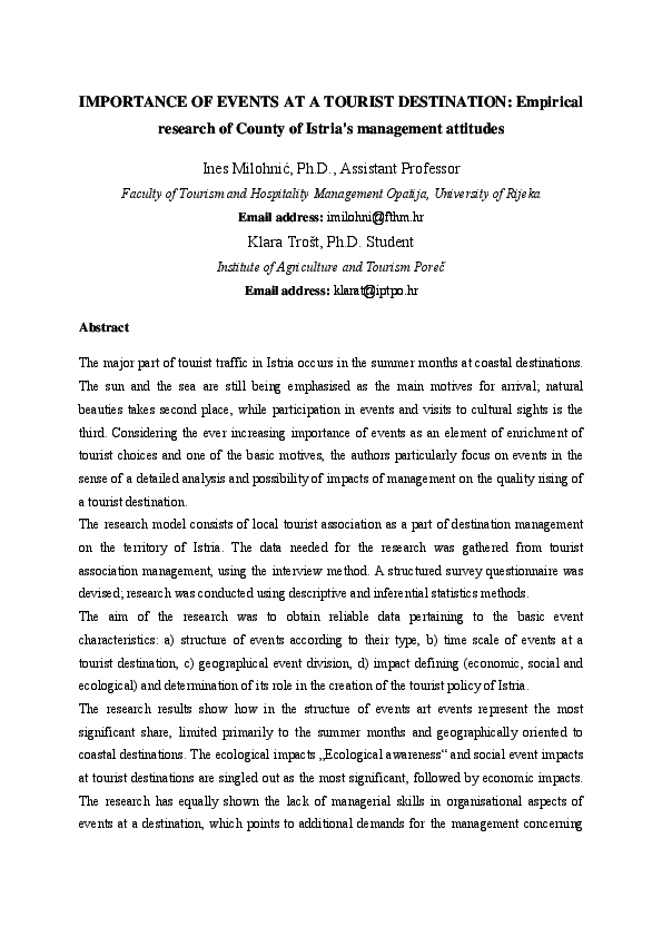 (PDF) IMPORTANCE OF EVENTS AT A TOURIST DESTINATION: Empirical research ...