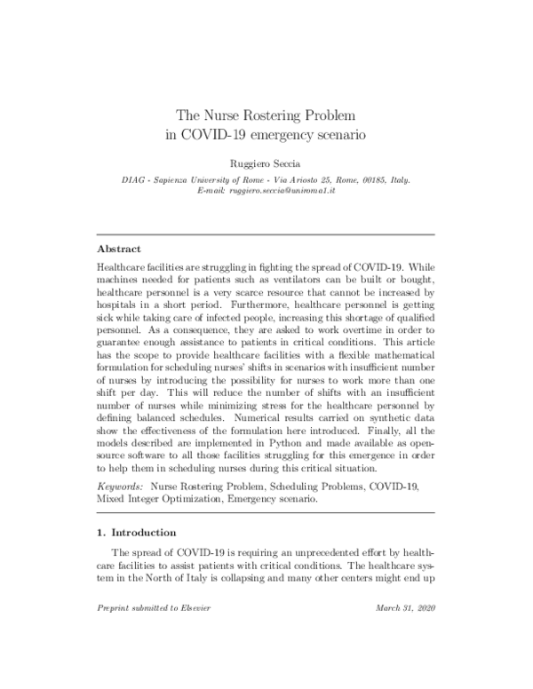 (PDF) The Nurse Rostering Problem in COVID-19 emergency scenario