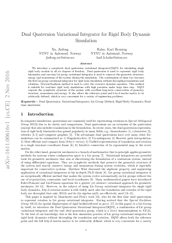 (PDF) Dual Quaternion Variational Integrator for Rigid Body Dynamic Simulation