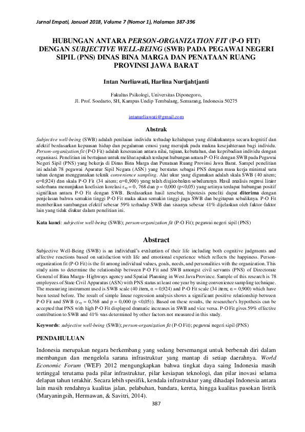 (PDF) Hubungan Antara Person-Organization Fit (P-O Fit) Dengan Subjective Well-Being (SWB) Pada ...