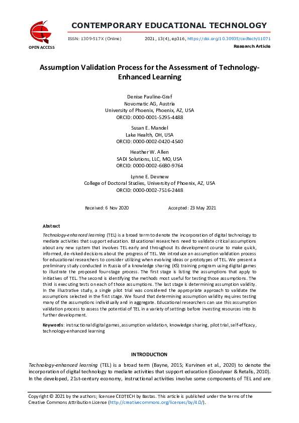 (PDF) Assumption Validation Process for the Assessment of Technology ...