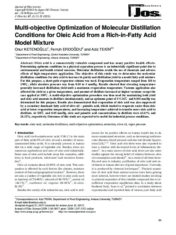 (PDF) Multi-objective Optimization of Molecular Distillation Conditions for Oleic Acid from a ...