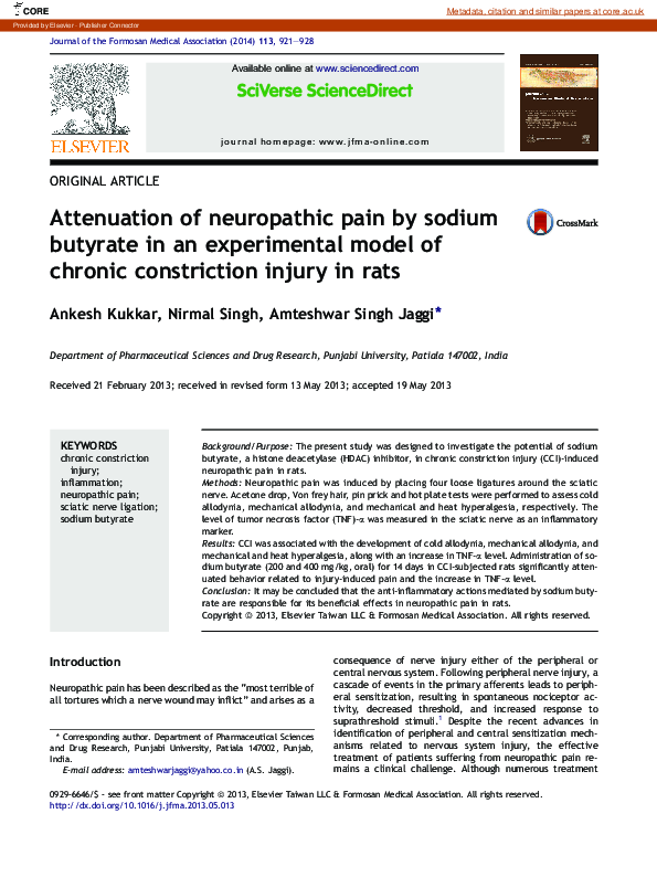 (PDF) Attenuation of neuropathic pain by sodium butyrate in an ...