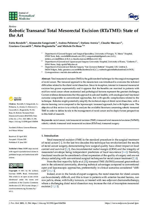 (PDF) Robotic Transanal Total Mesorectal Excision (RTaTME): State of the Art
