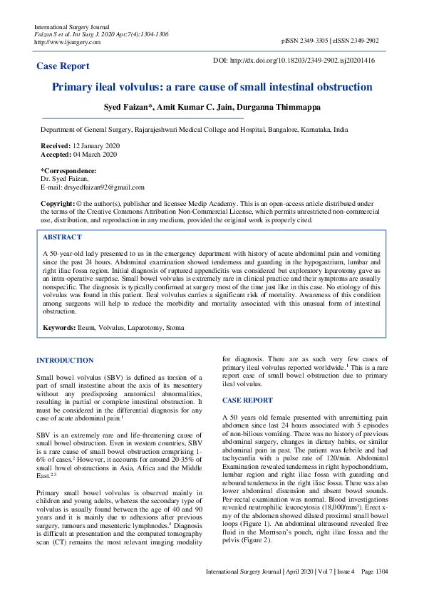 (PDF) Primary ileal volvulus: a rare cause of small intestinal obstruction
