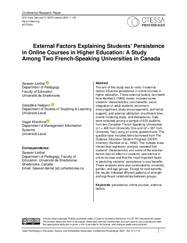 External Factors Explaining Students’ Persistence in Online Courses in ...